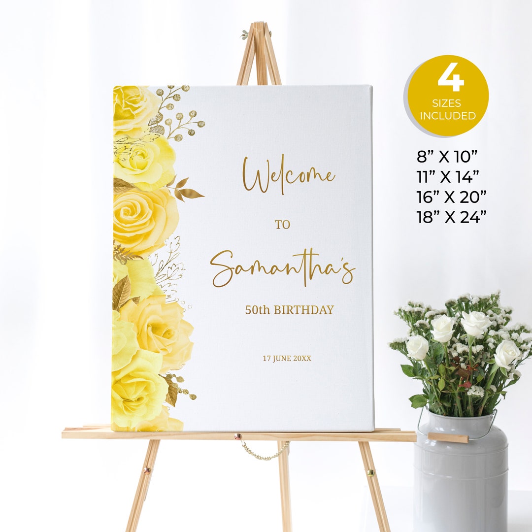 Yellow and Gold Floral Welcome Sign, Birthday Welcome Poster, Surprise ...