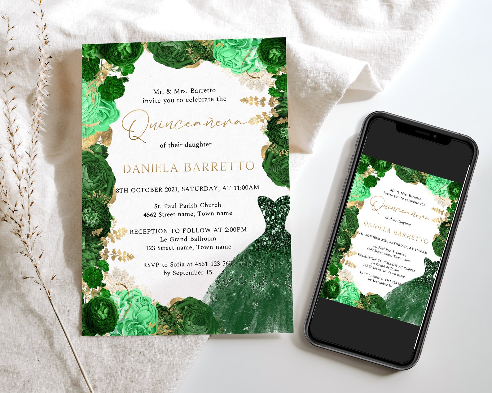 Emerald Green and Gold Quinceanera Invitation, Quince Anos, 15th ...