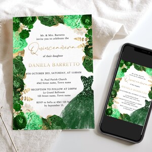 Emerald Green and Gold Quinceanera Invitation, Quince Anos, 15th ...
