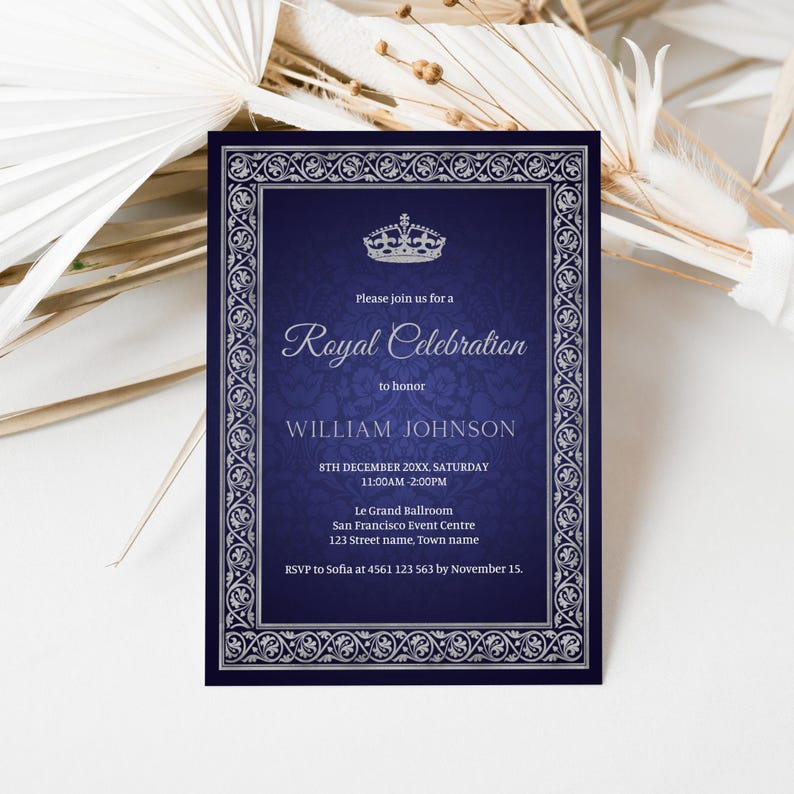 Royal Birthday Party Invitation, Blue and Silver Invitation, Birthday ...