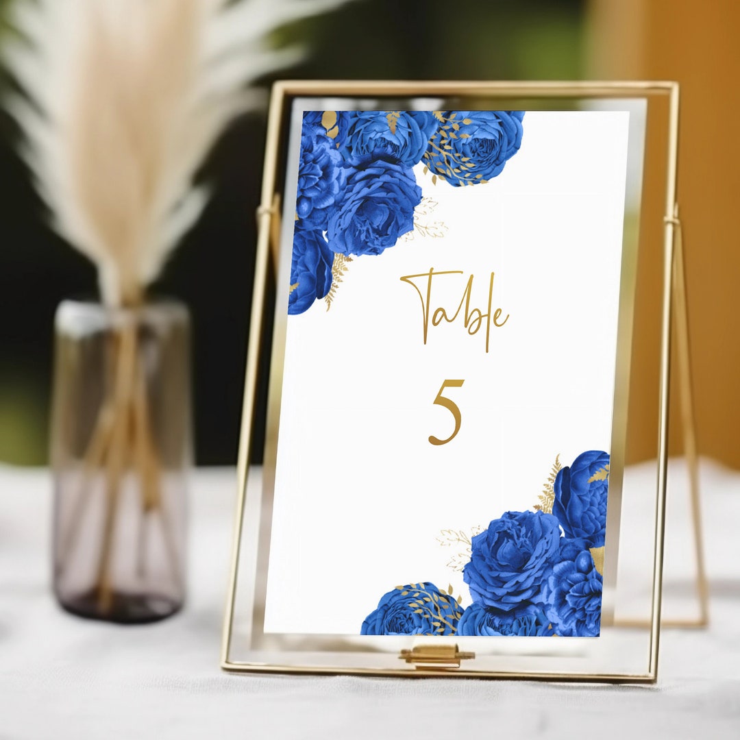 Blue and Gold Floral Table Number Template, Printable Royal Blue Table ...