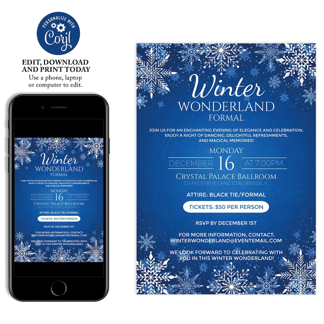 Editable Winter Formal Dance Invitation, Winter Wonderland, School ...