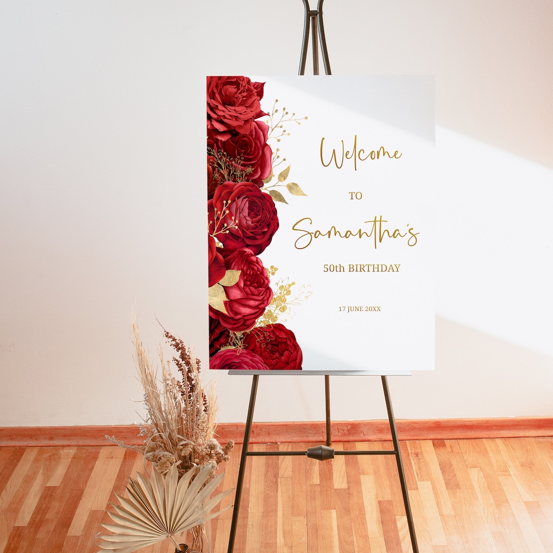 Red and Gold Floral Welcome Sign Birthday Welcome Poster - Etsy