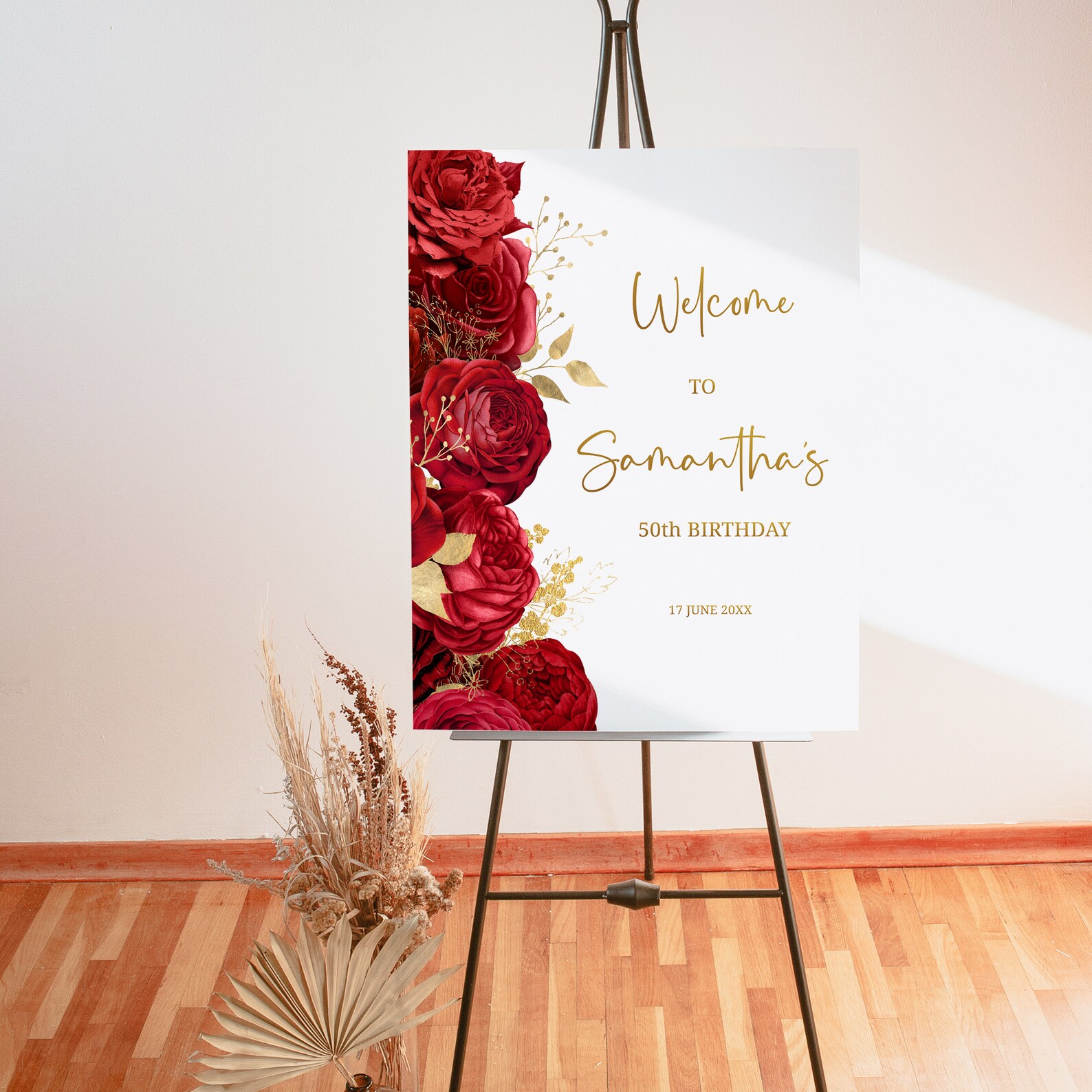 Red and Gold Floral Welcome Sign Birthday Welcome Poster - Etsy