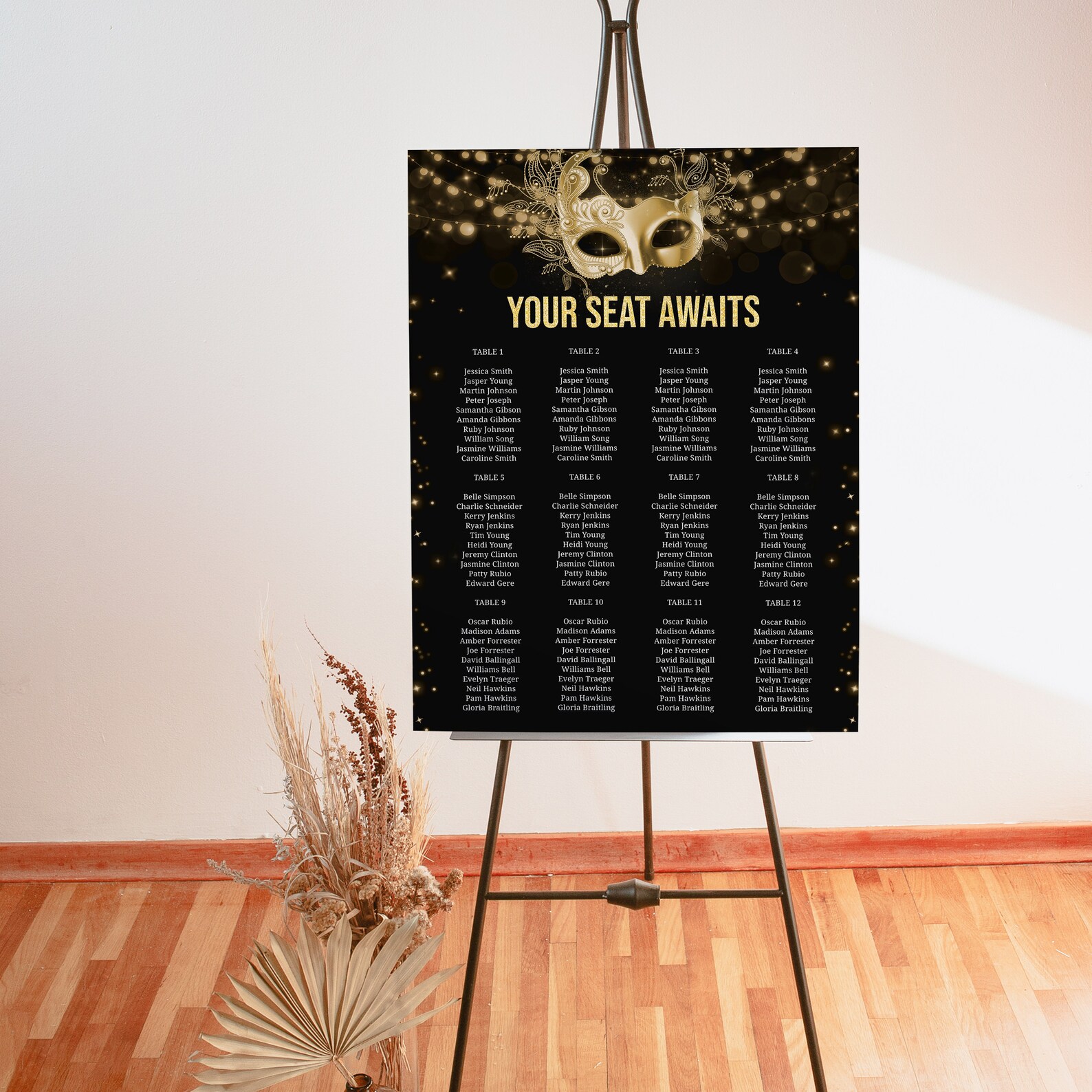 Masquerade Gold and Black Seating Sign, Mardi Gras Seating Chart, Your ...