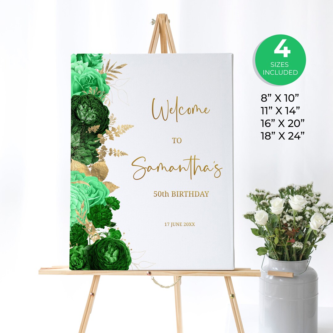 Green and Gold Floral Welcome Sign, Birthday Welcome Poster, Surprise ...