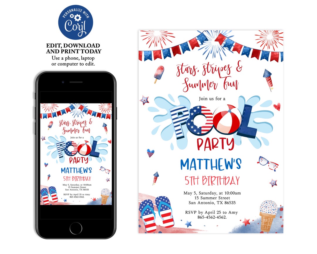 4th of July Pool Party Birthday Invitation, Memorial Kids Invite ...