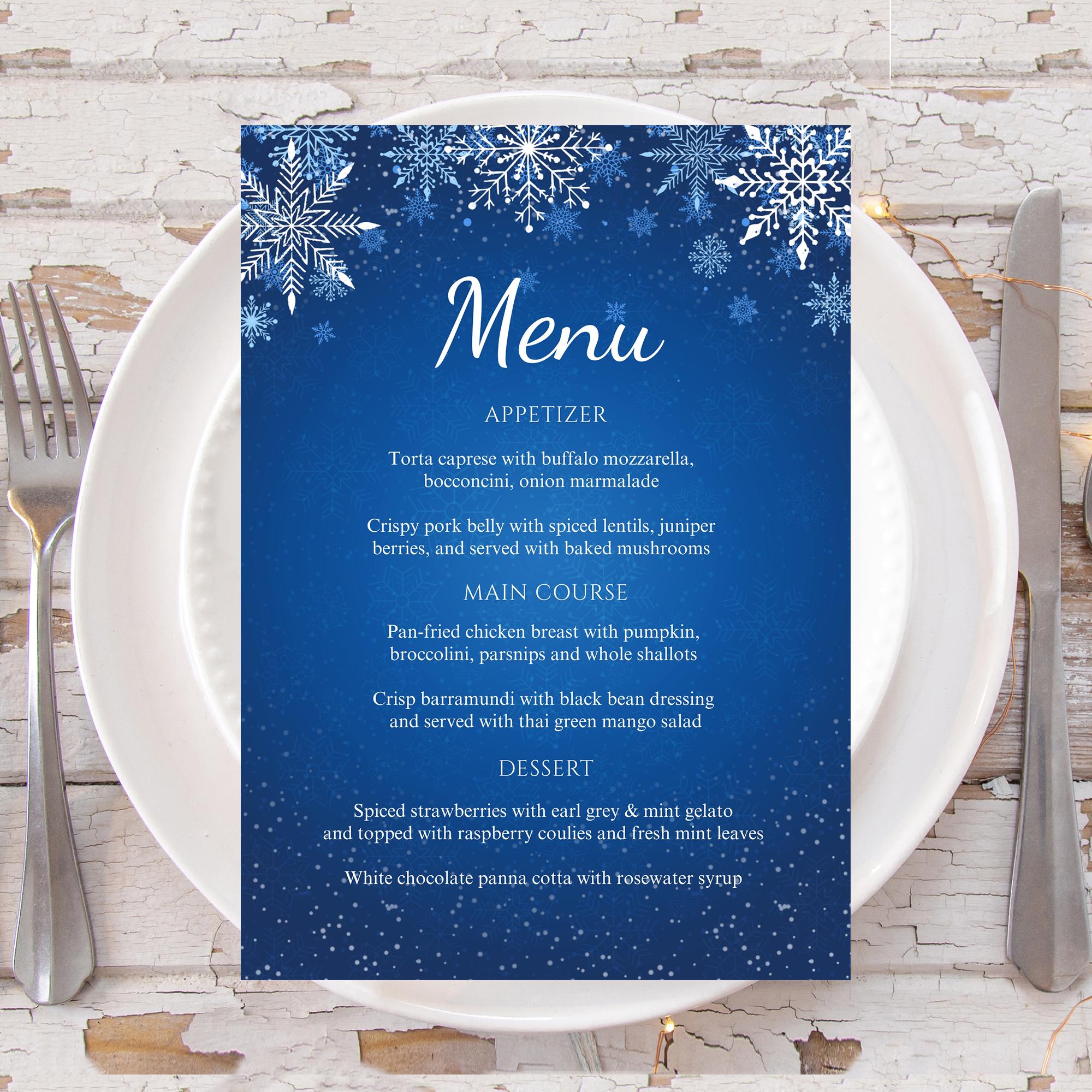 Snowflakes Menu Template, Printable Winter Menu, Winter Wonderland ...
