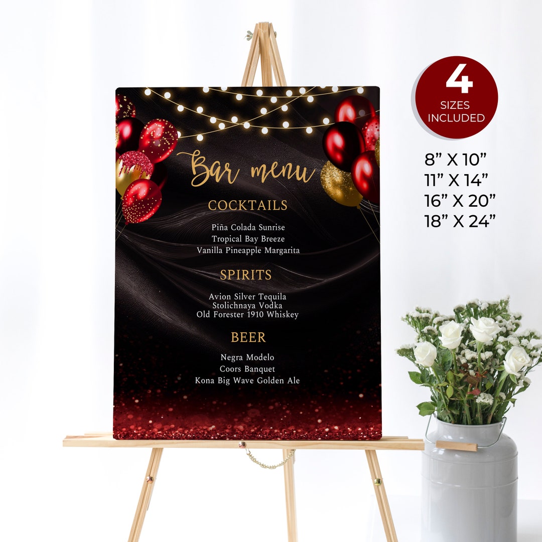 Red and Gold Balloons Bar Menu Sign, Signature Drinks Sign, Red and ...