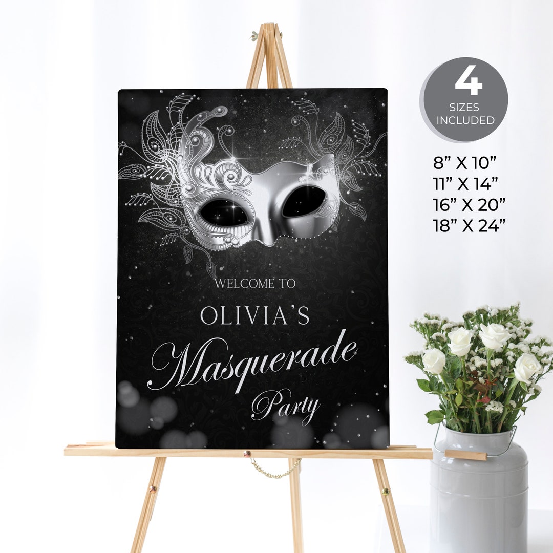 Silver Masquerade Party Welcome Sign, Masquerade Poster Sweet 16, Mardi ...