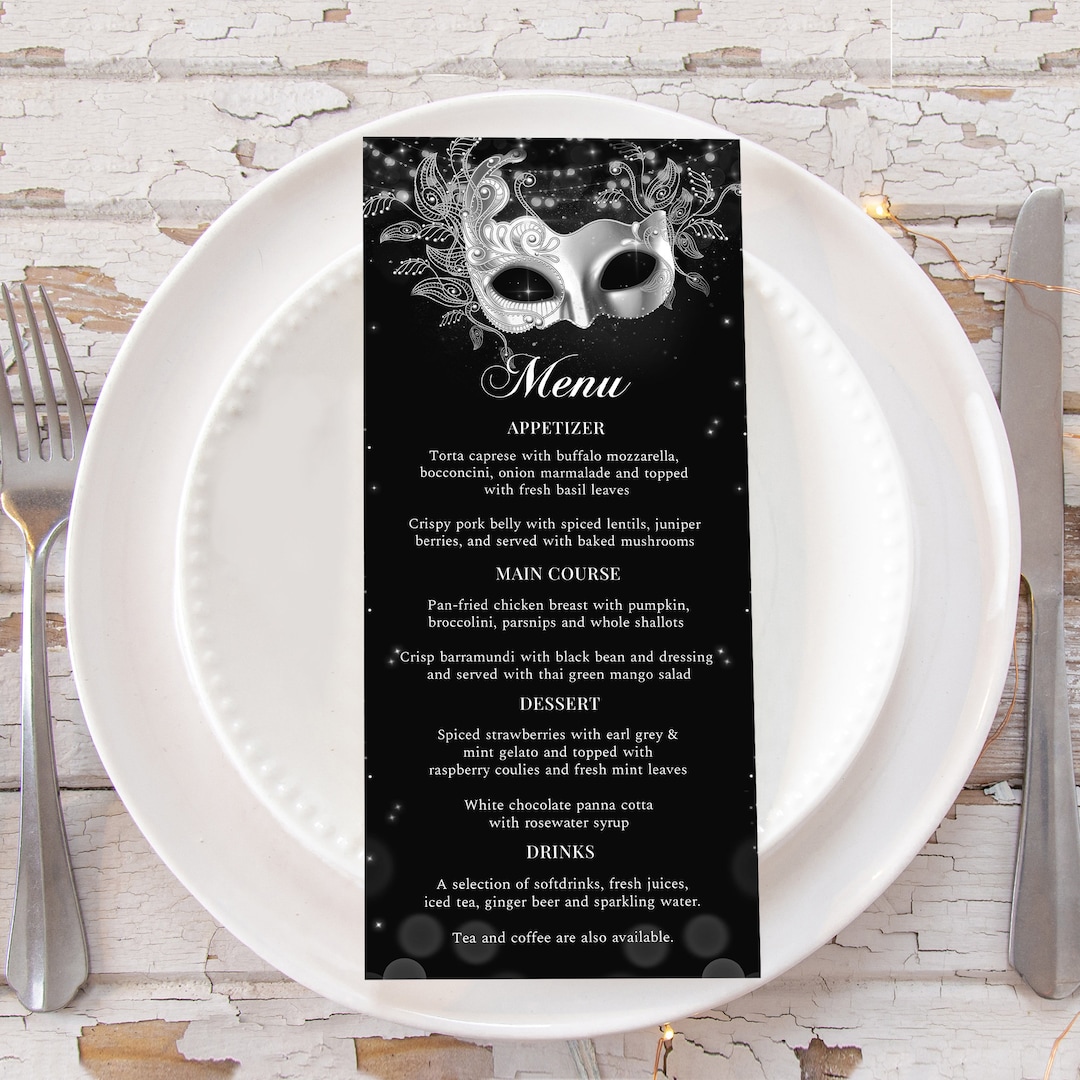 Black and Silver Masquerade Menu Template, Masquerade Prom Menu, Mardi ...