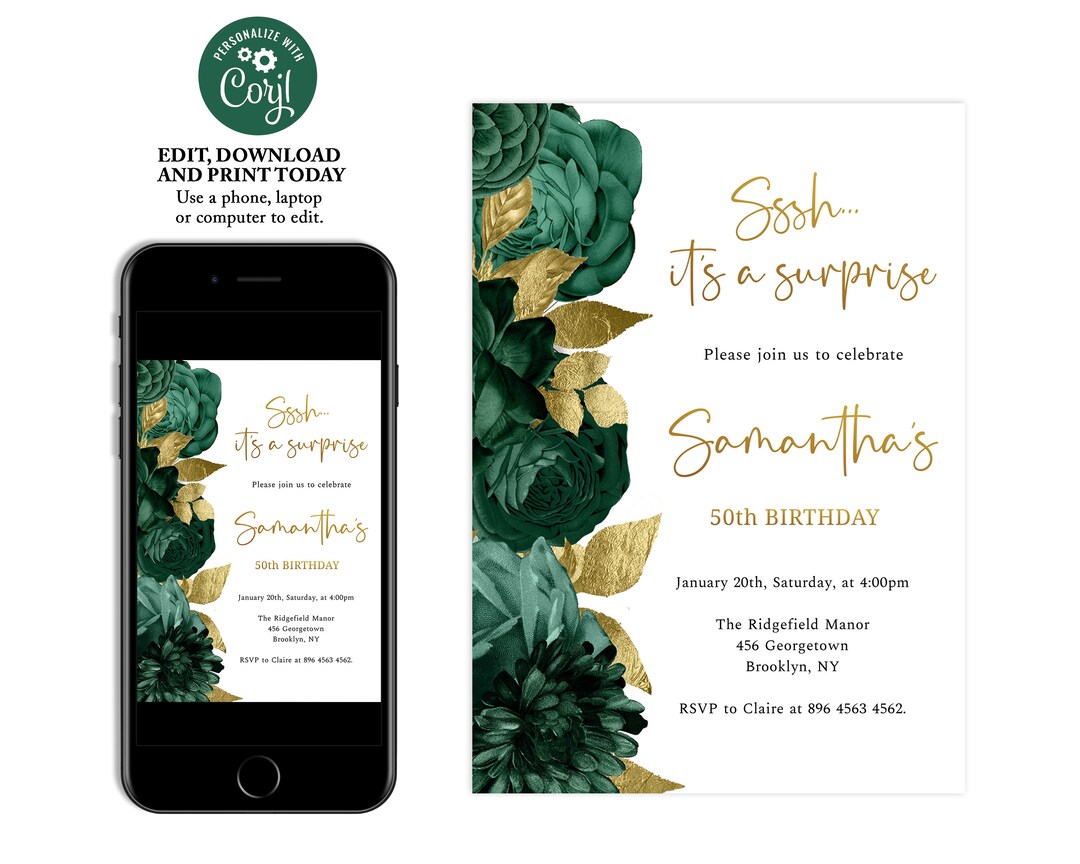 Emerald Green and Gold Birthday Invitation, Dark Green Birthday ...