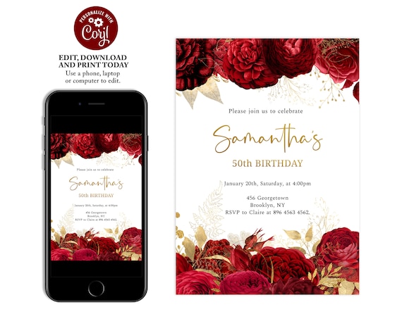 Red and Gold Floral Birthday Invitation Birthday Invitations - Etsy