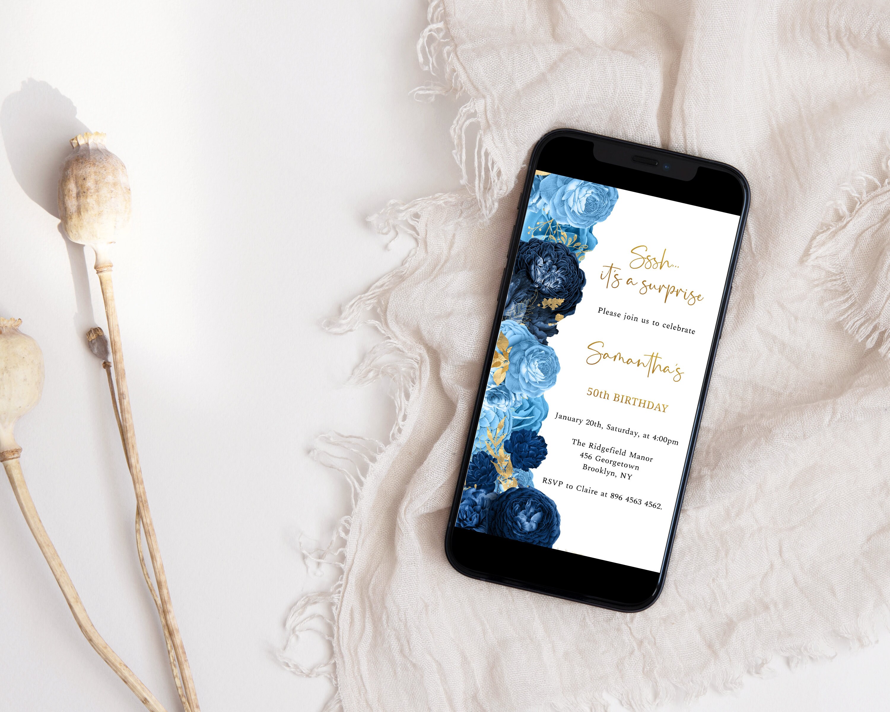 Blue and Gold Floral Text Message Invitation, Birthday Party Evite ...