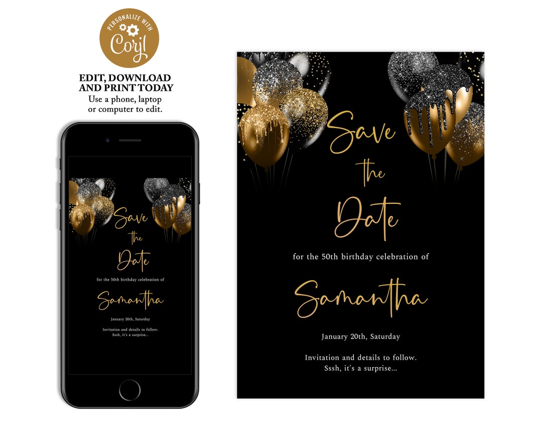 Black and Gold Save the Date Template, Save the Date for Adult ...