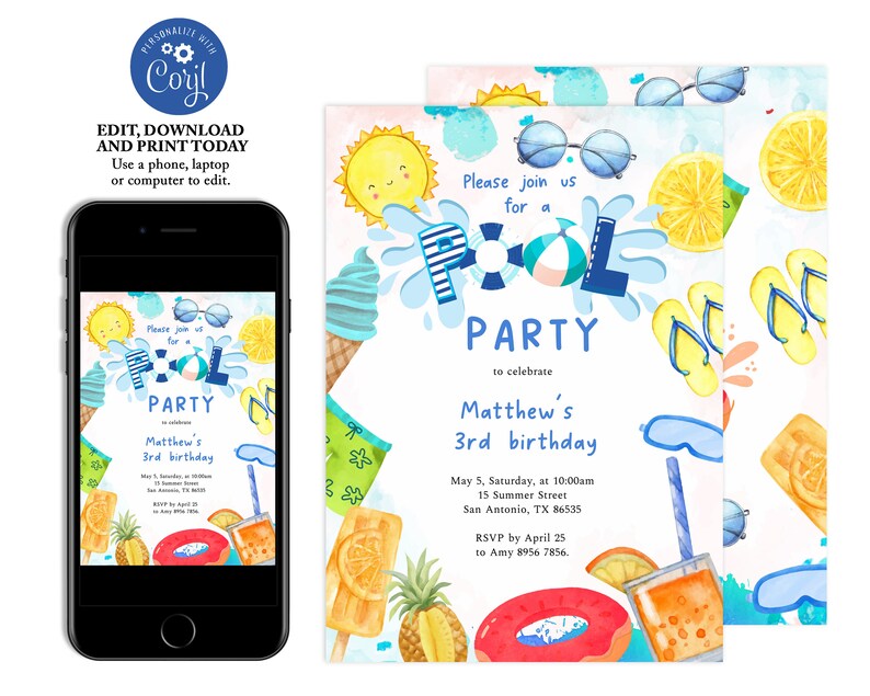 Boy Pool Party Invitation Editable Pool Birthday Party - Etsy