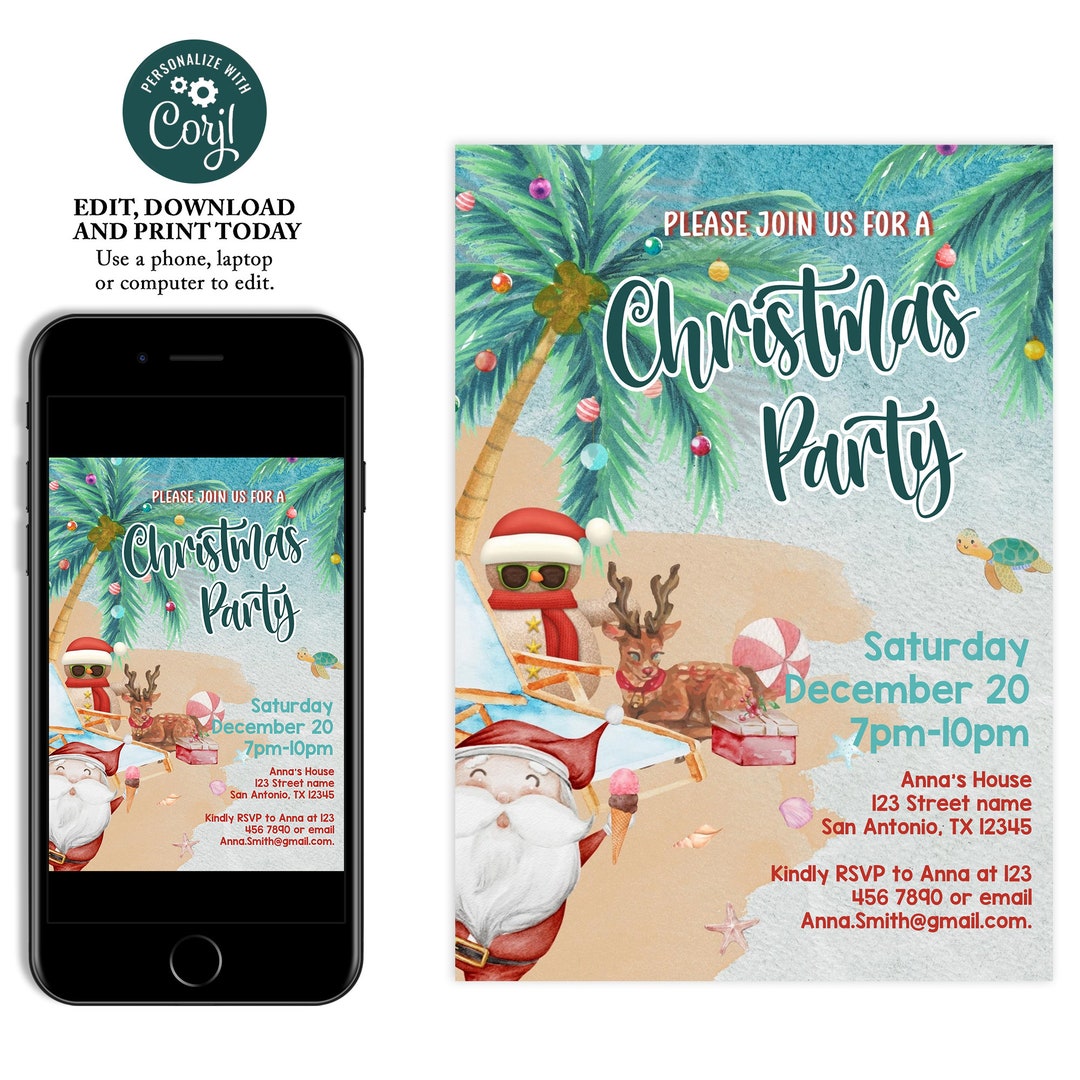 Tropical Christmas Invitation Template, Beach Christmas Invite, Palm ...