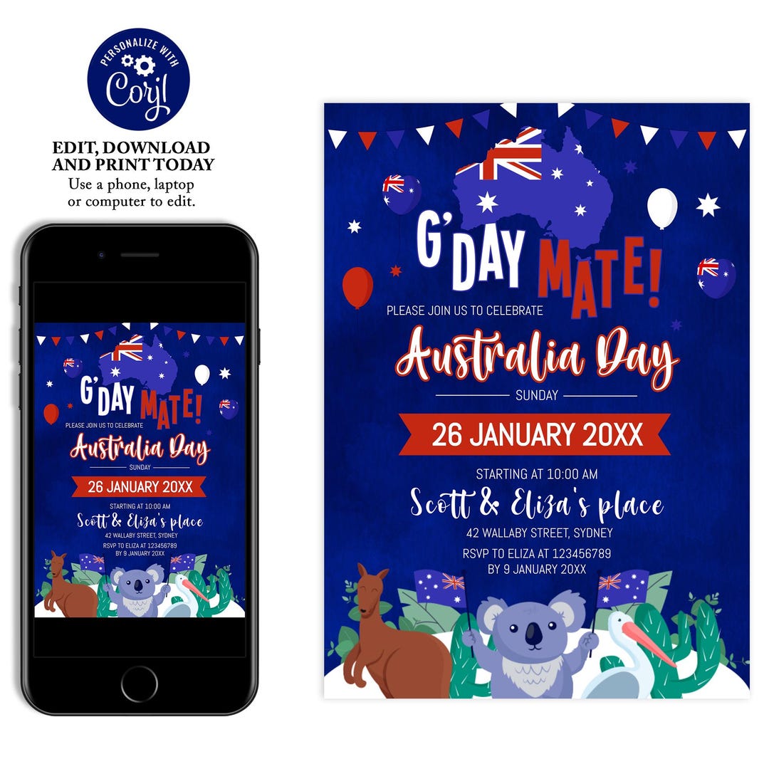 Editable Australia Day Invitation, Australia Themed Invite, Australian ...