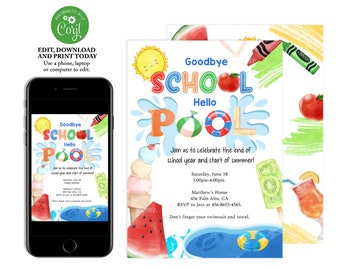 EDITABLE End of School Pool Party Invitation, Goodbye School Hello Pool ...
