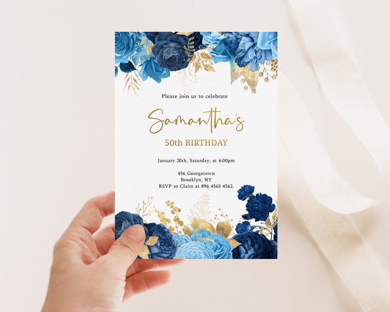 Blue and Gold Floral Birthday Invitation, Navy Blue Invitation Digital ...