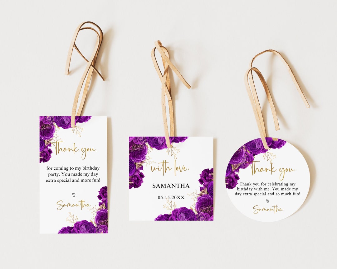 Purple and Gold Floral Gift Tag, Printable Wedding Favor Tags, Bridal ...