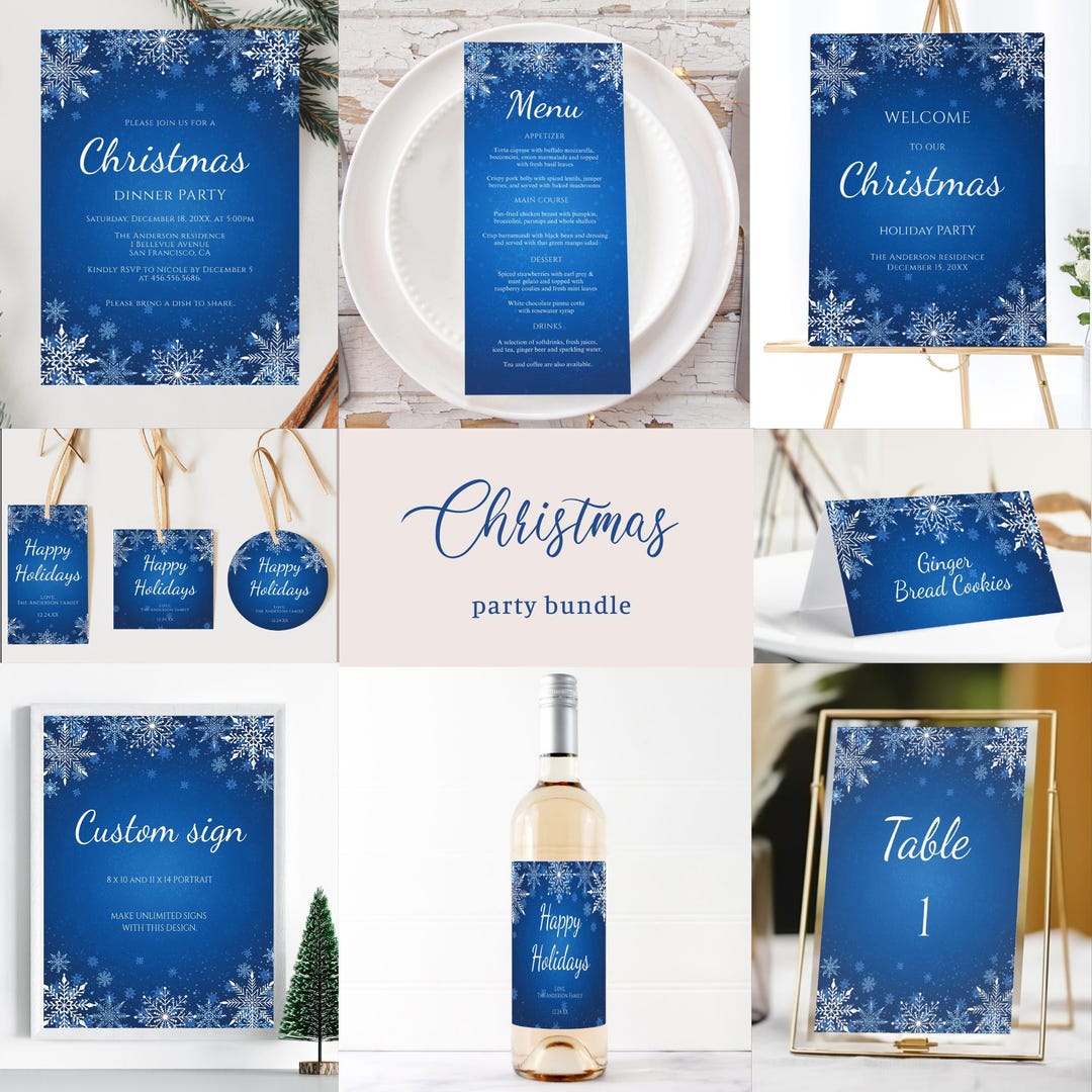 Editable Snowflake Christmas Invitation Party Big Bundle, Blue Holiday ...