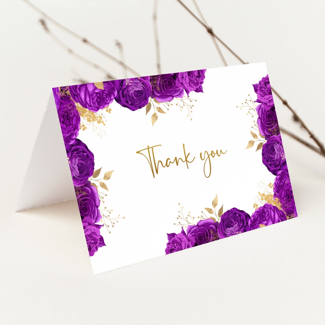 Purple and Gold Floral Thank You Card, Thank You Card Printable, Thank ...