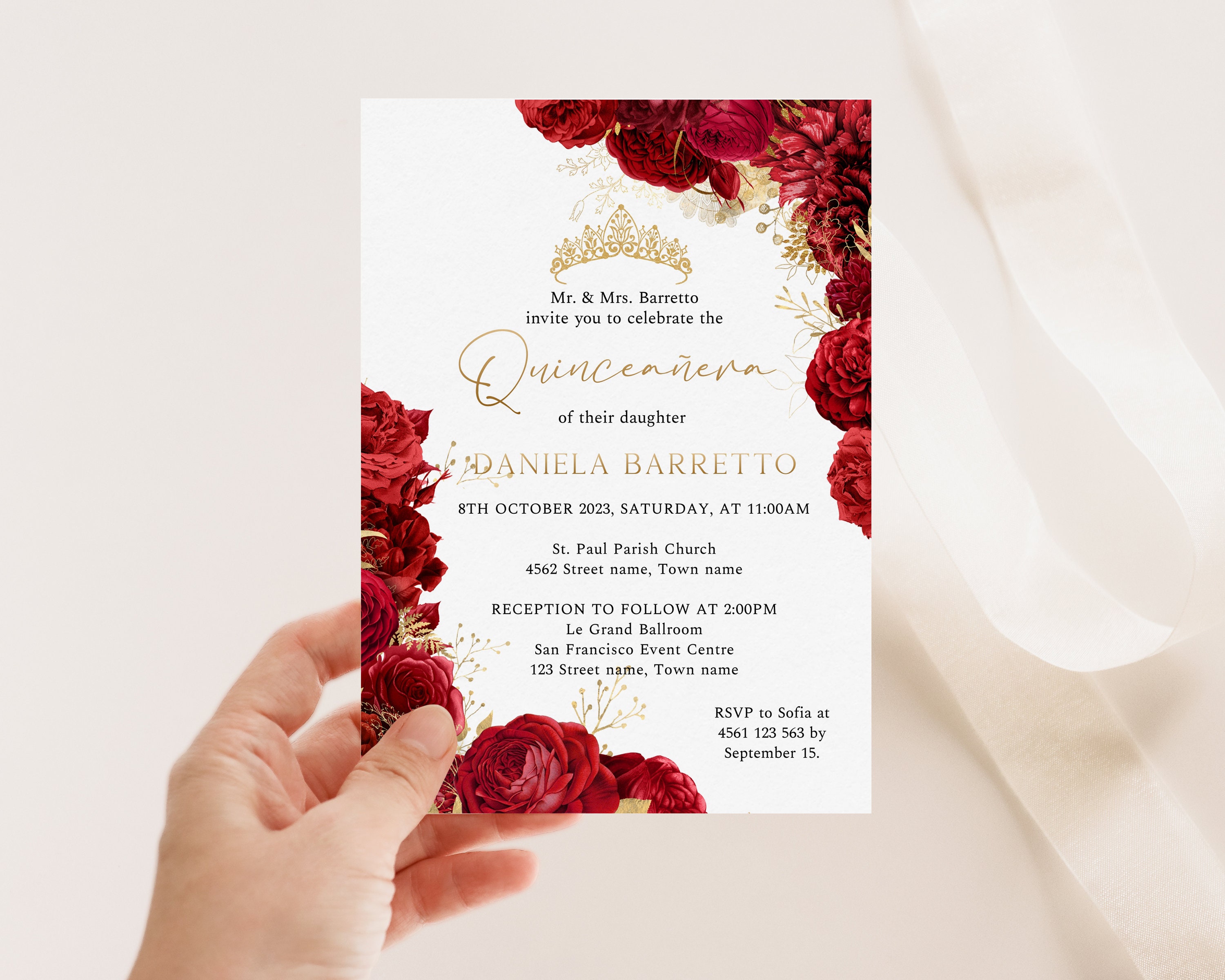 Red and Gold Quinceanera Invitation Set Floral Quince Anos - Etsy