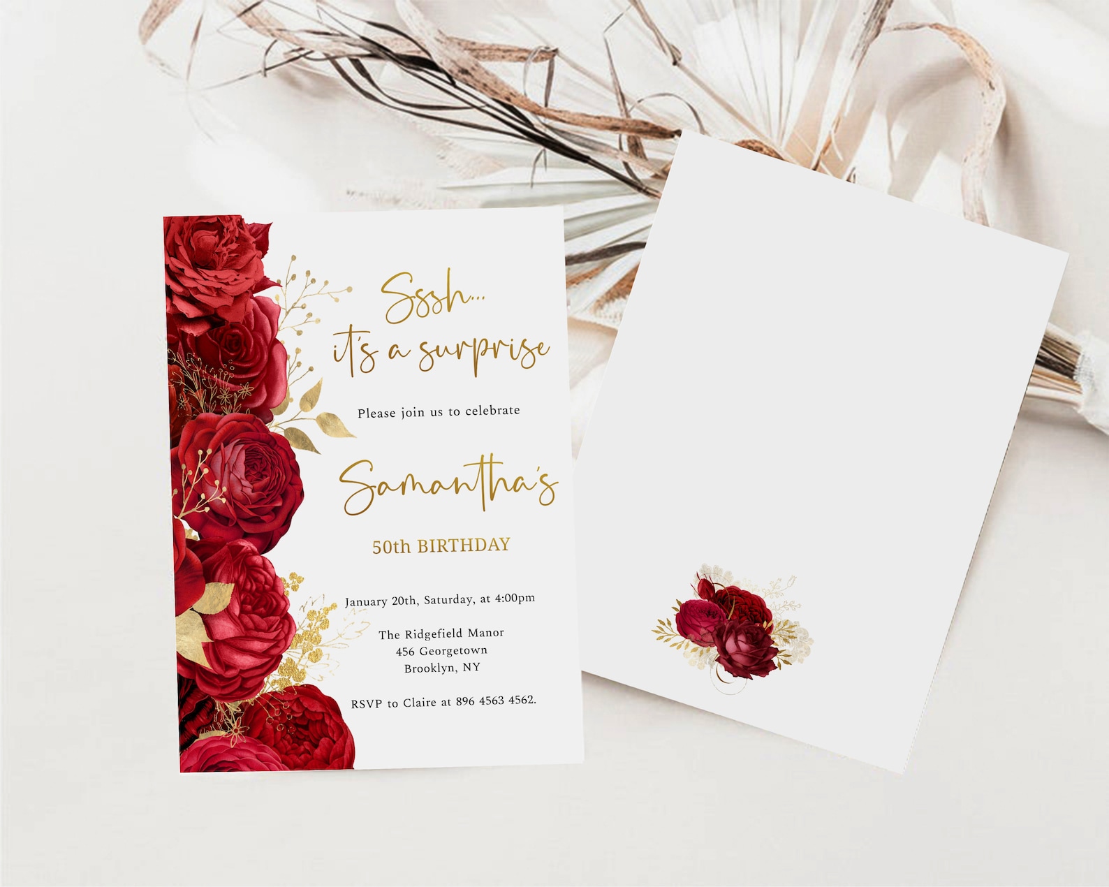 Red and Gold Floral Birthday Invitation, Birthday Invitations for Women ...