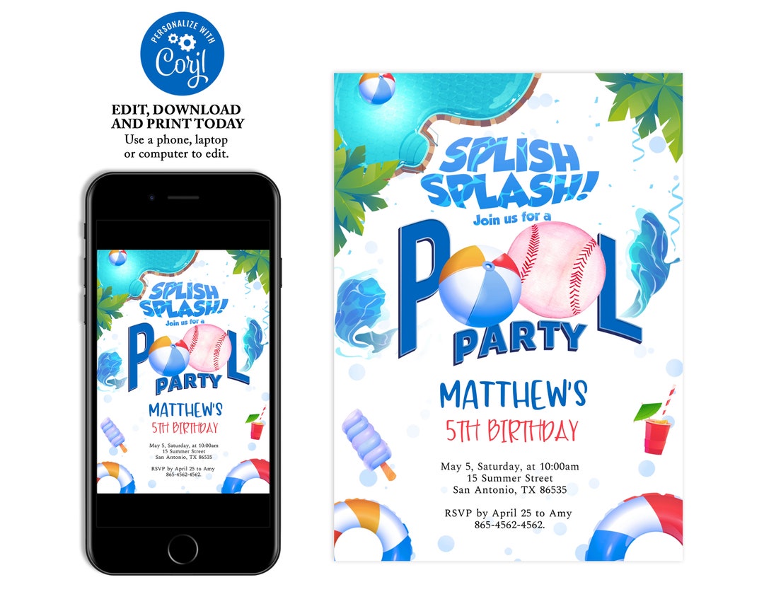 Baseball Pool Party Invitation, Pool Birthday Invitation, Baseball ...