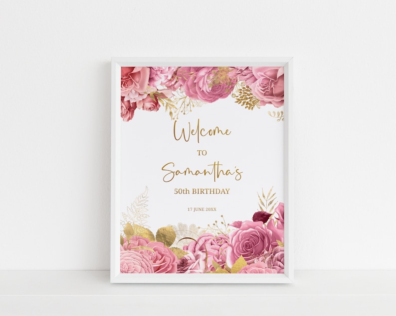 Pink and Gold Floral Welcome Sign Birthday Welcome Poster - Etsy