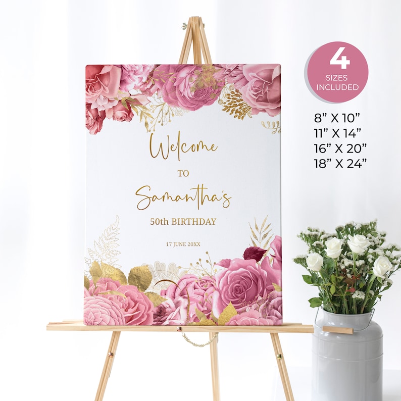 Pink and Gold Floral Welcome Sign Birthday Welcome Poster - Etsy