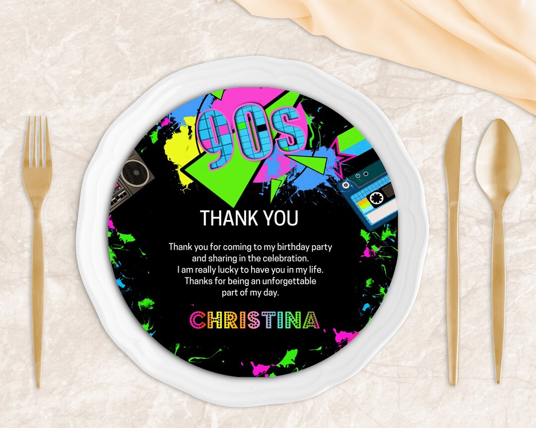 90s Theme Charger Plate Insert, Editable Charger Plate Template, Neon ...