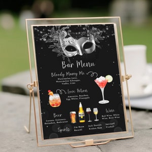Silver and Black Masquerade Bar Menu Sign, Mardi Gras Signature Drinks ...