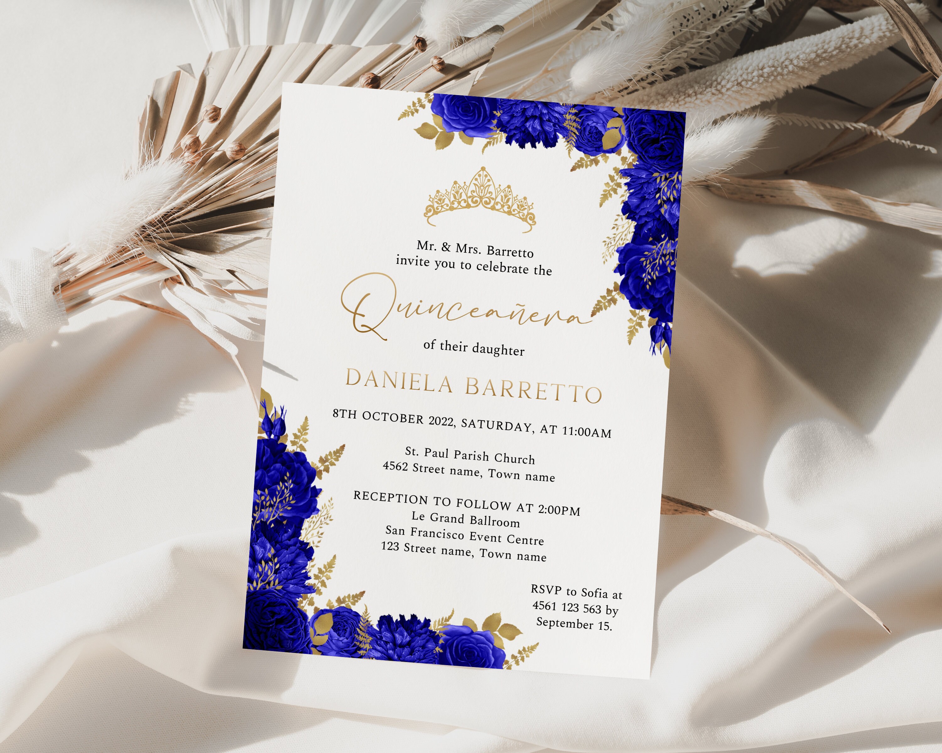 Royal Blue and Gold Quinceanera Invitation, Floral Quince Anos, 15th ...