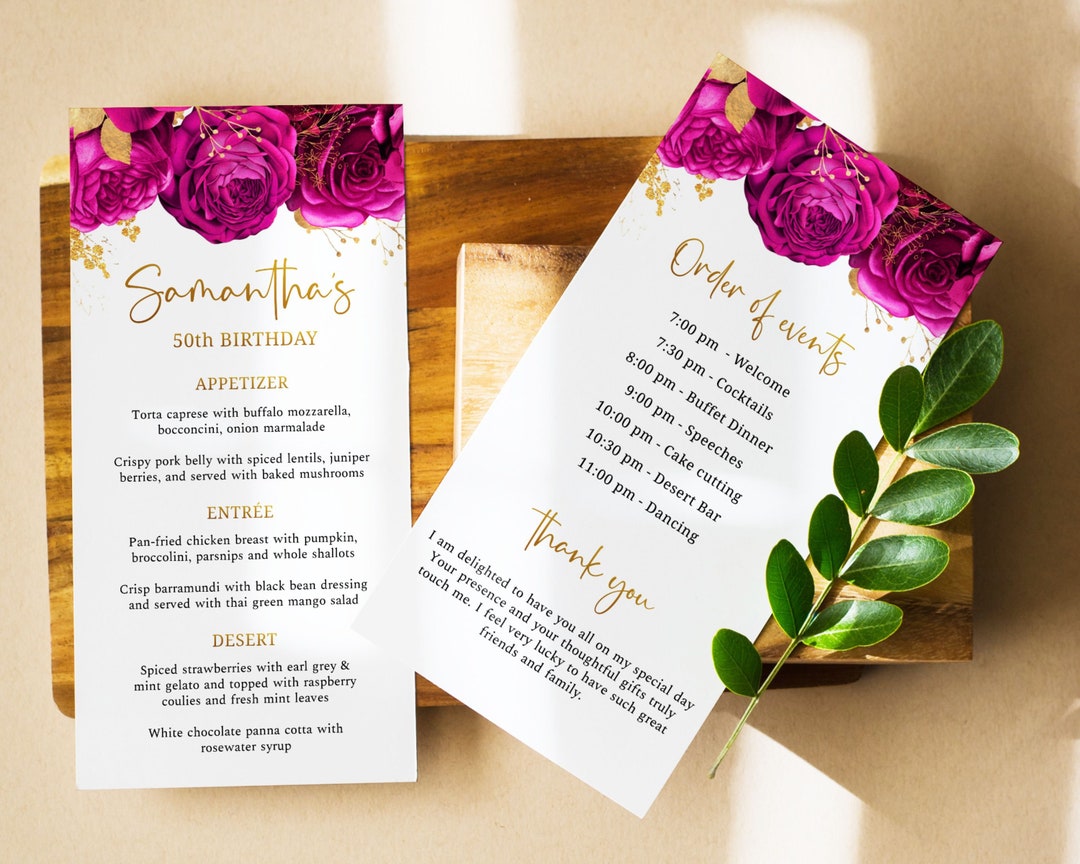 Hot Pink and Gold Floral Birthday Program, Birthday Program Template ...