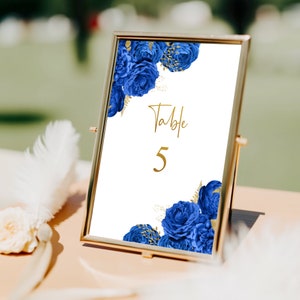 Blue and Gold Floral Table Number Template, Printable Royal Blue Table ...