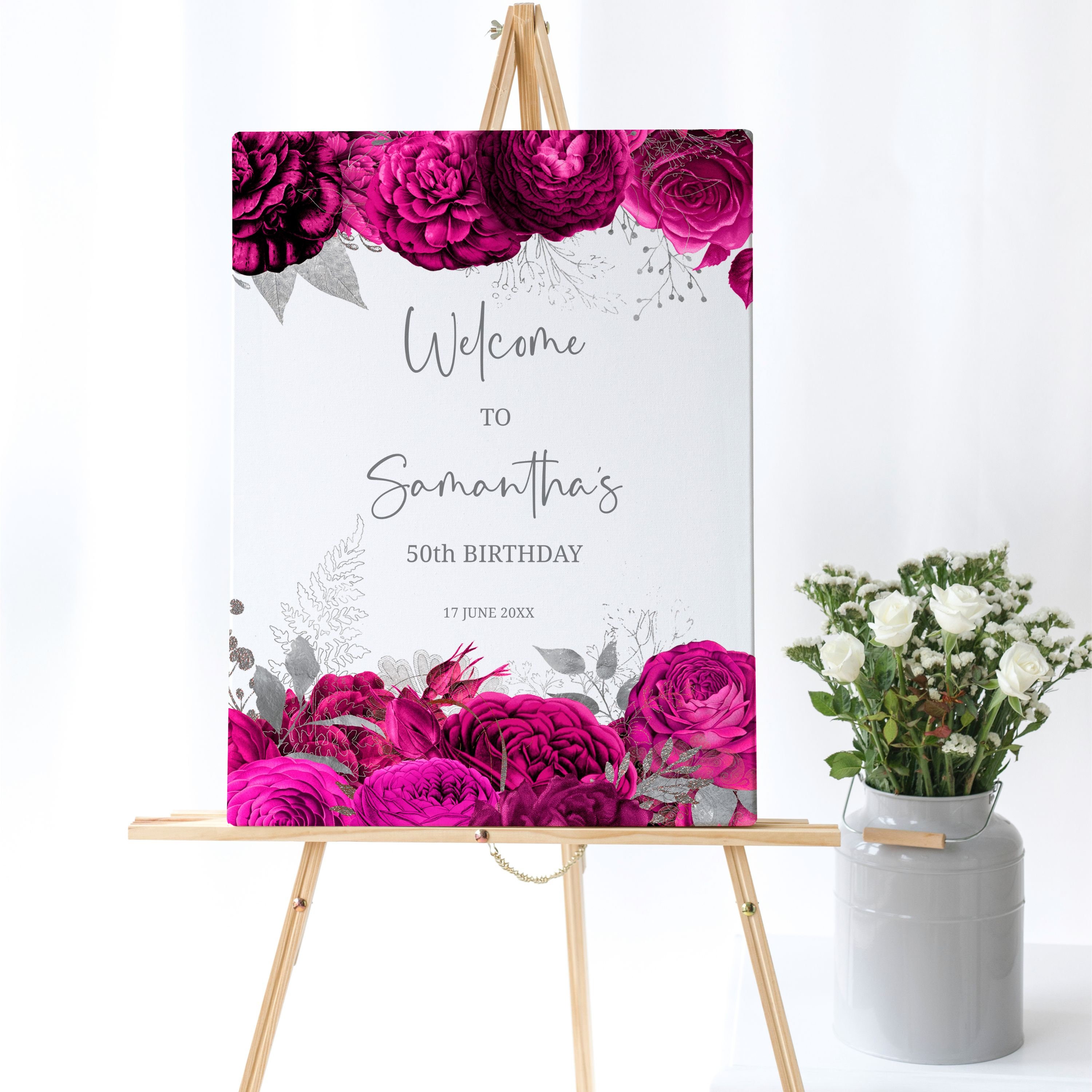 Hot Pink and Silver Floral Welcome Sign, Birthday Welcome Poster ...