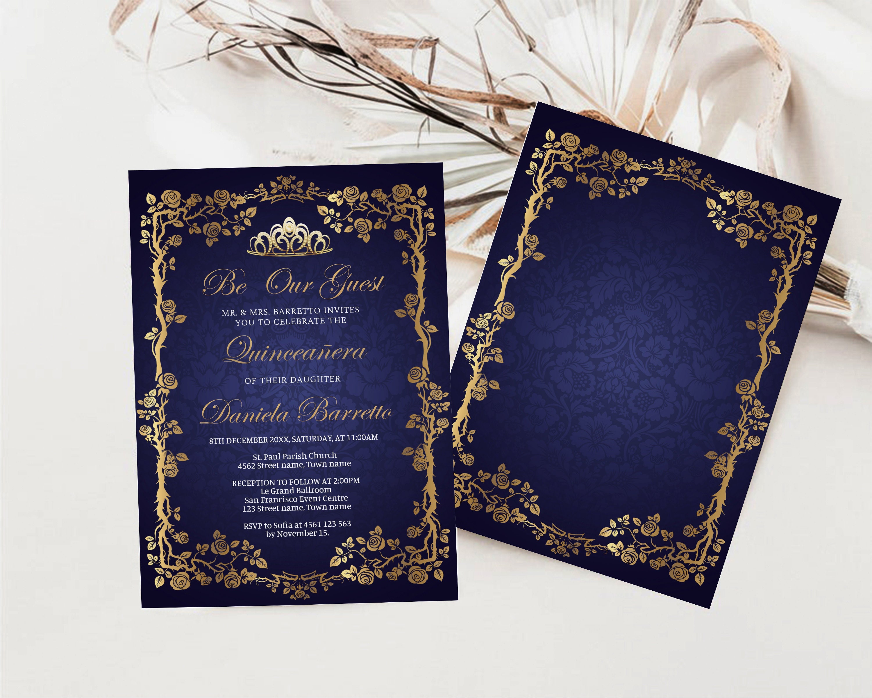 Navy Blue and Gold Quinceanera Invitation Floral Quince Anos - Etsy