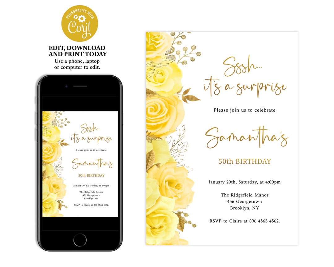 Yellow and Gold Floral Birthday Invitation, Birthday Invitation for ...