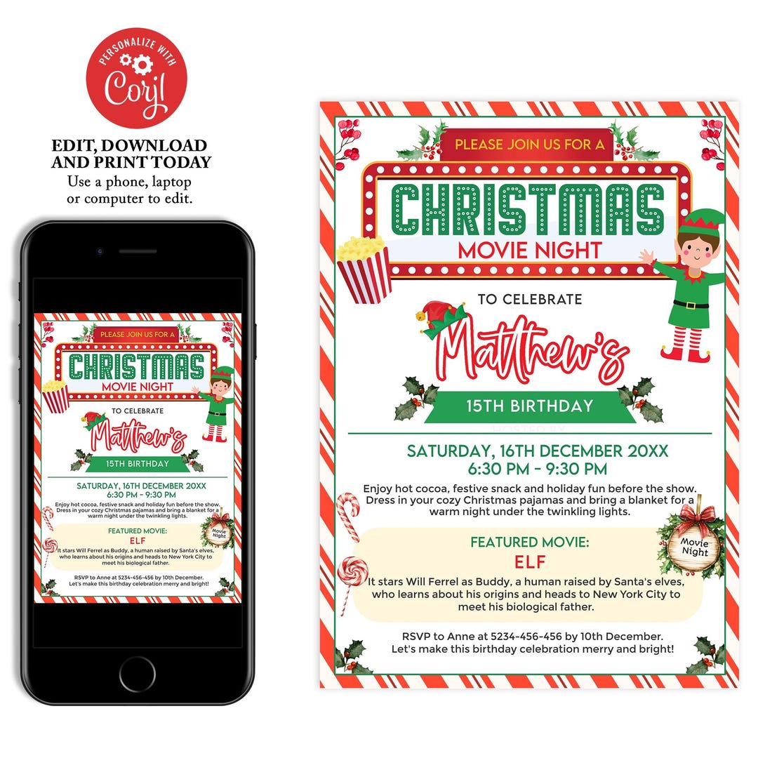 Christmas Elf Movie Night Invitation Editable Template, Winter ...