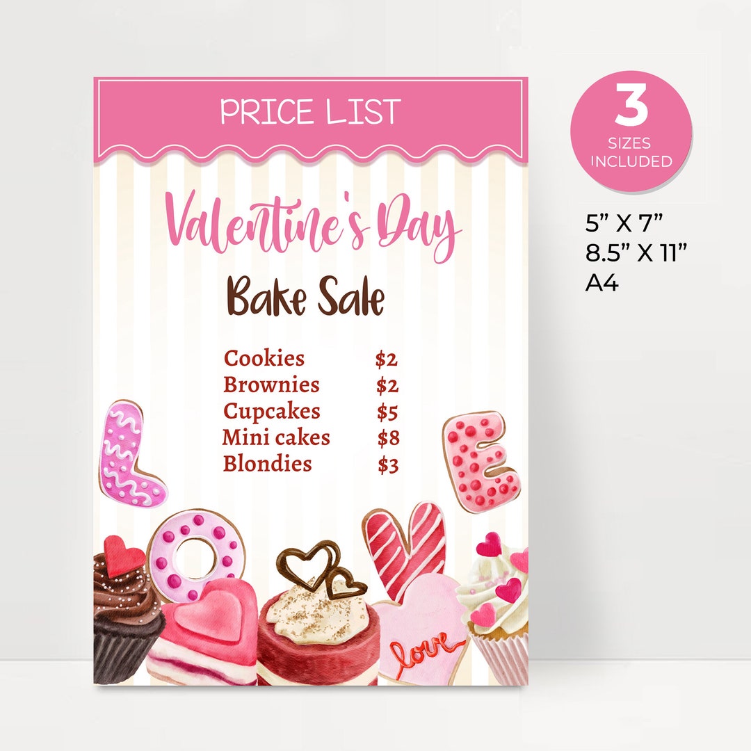 Valentine's Day Bake Sale Price List Editable, Instant Download Bake ...