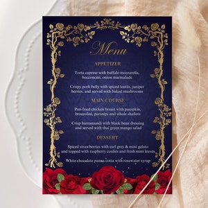 Navy Blue, Red and Gold Birthday Menu, Floral Quince Anos, Birthday ...