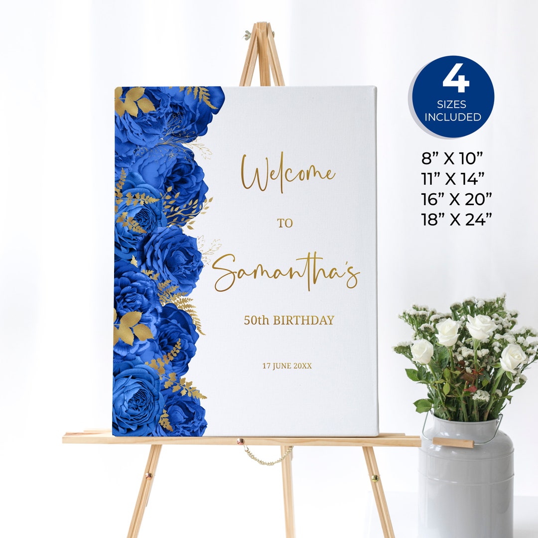 Royal Blue and Gold Floral Welcome Sign, Birthday Welcome Poster ...