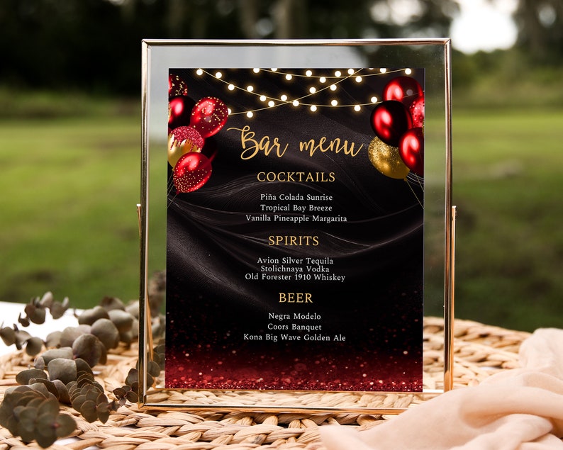 Red and Gold Balloons Bar Menu Sign, Signature Drinks Sign, Red and ...