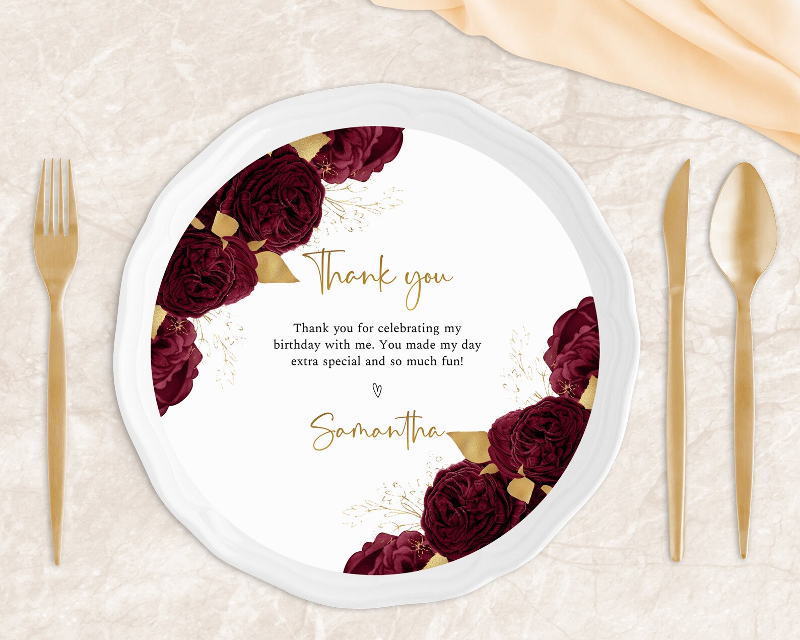 Burgundy and Gold Charger Plate Insert, Birthday Floral Charger Plate ...