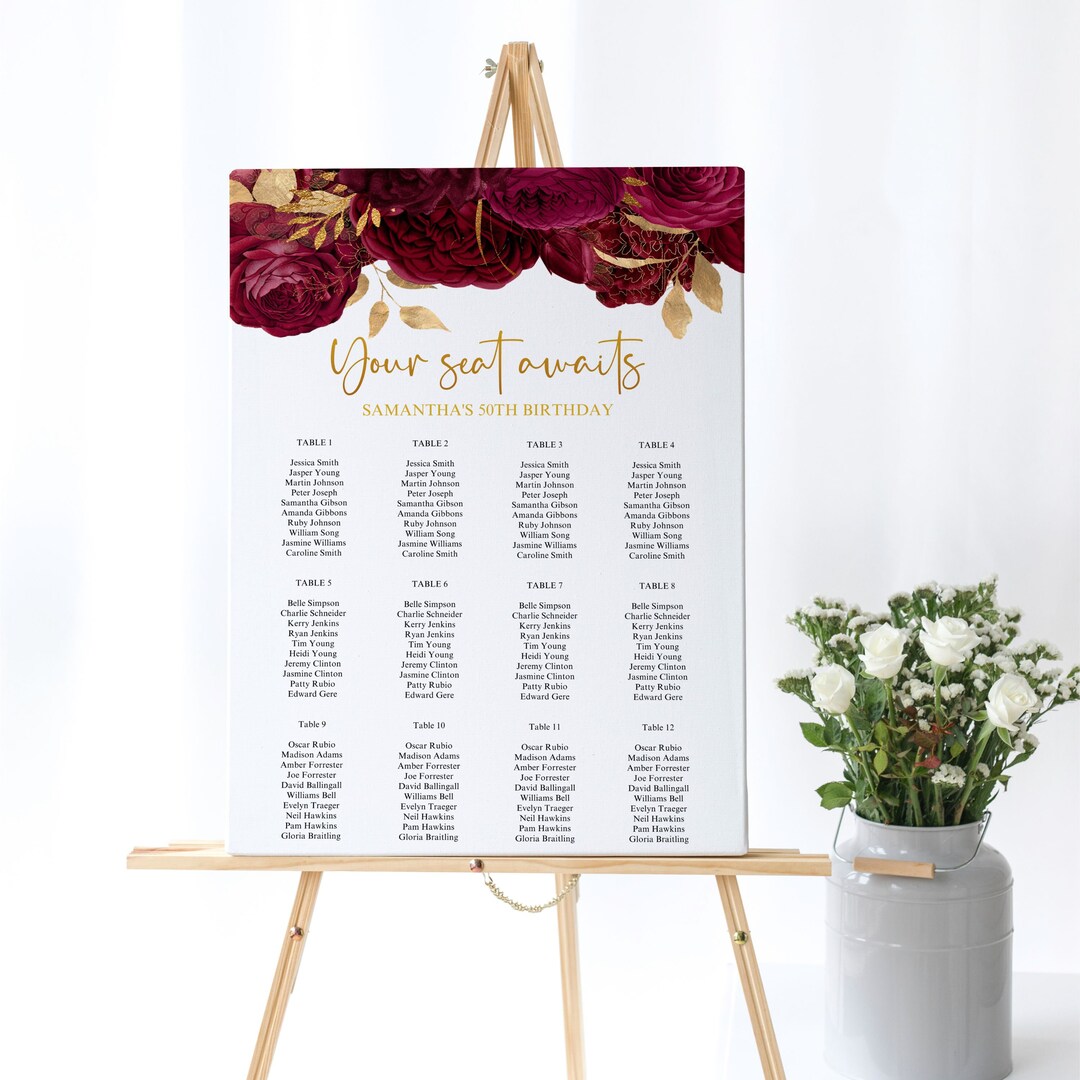 Burgundy and Gold Floral Seating Sign, Floral Seating Chart, Burgundy ...