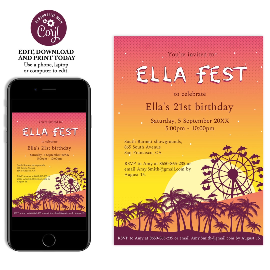 Music Festival Birthday Invitation Template, Desert Music Fest, Ferris ...