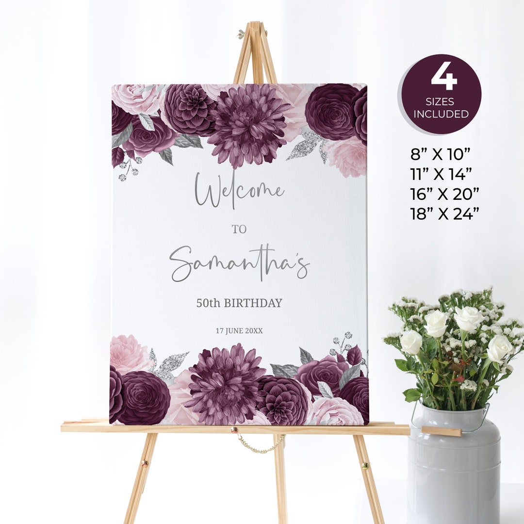 Mauve, Pink and Silver Floral Welcome Sign, Birthday Welcome Poster ...