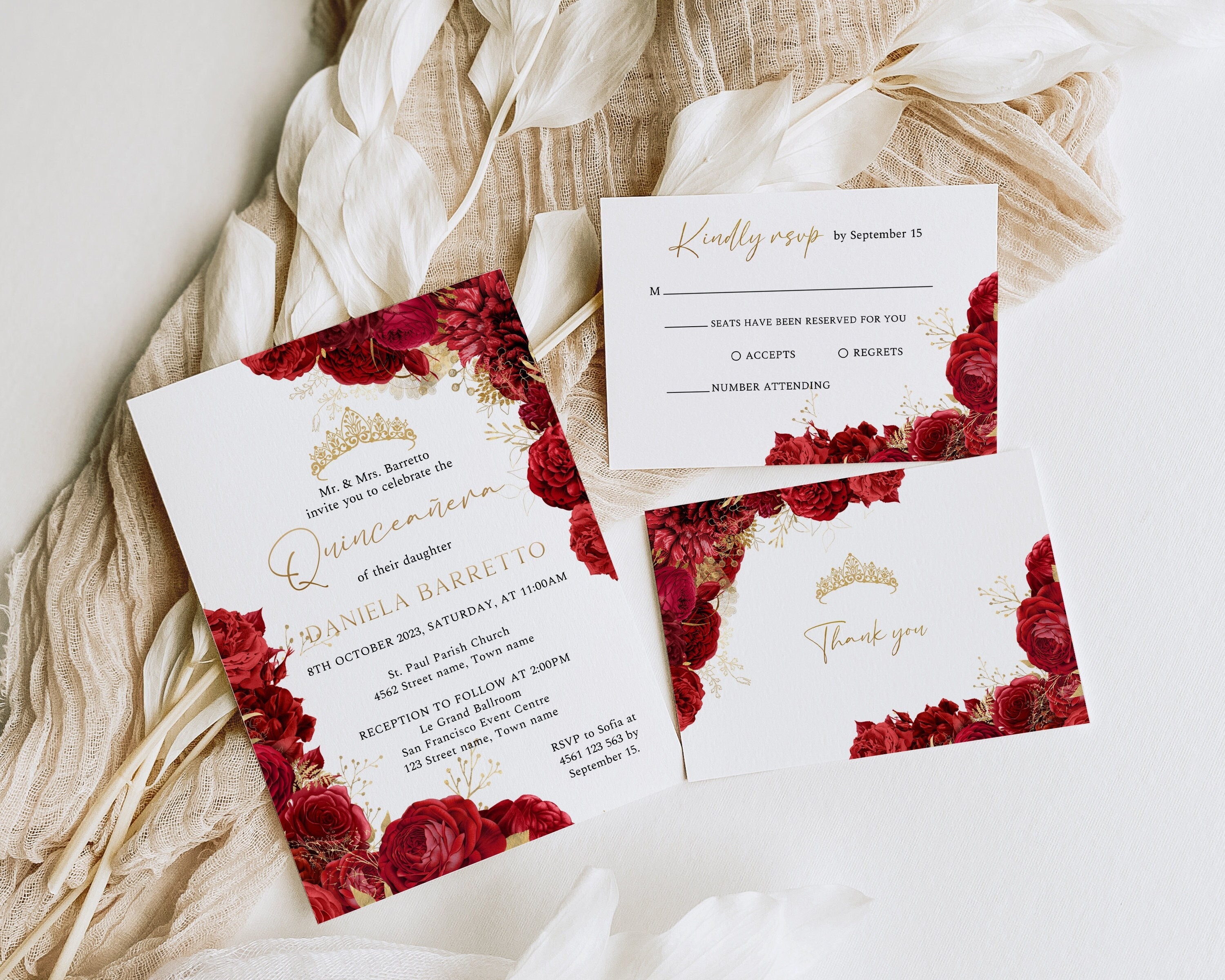 Red and Gold Quinceanera Invitation Set, Floral Quince Anos, 15th ...